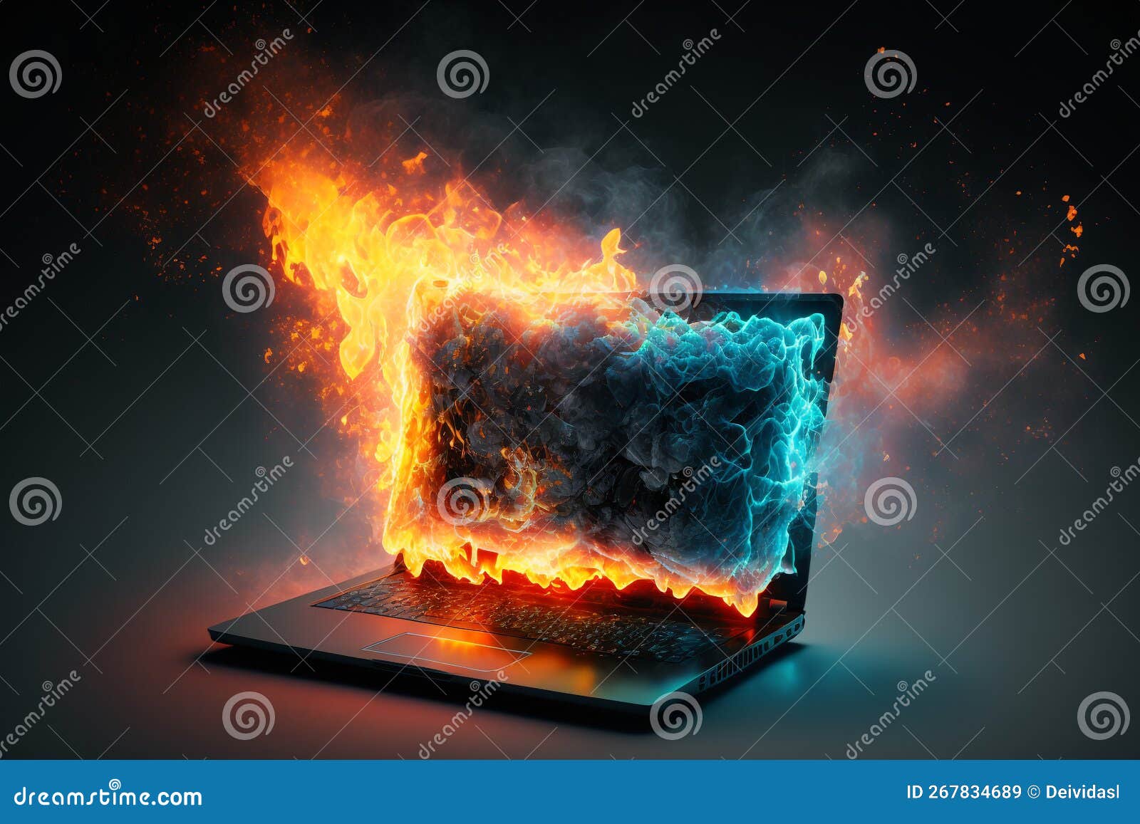 Burning Laptop on a Table with Smoke. Generative AI Illustration. Stock ...