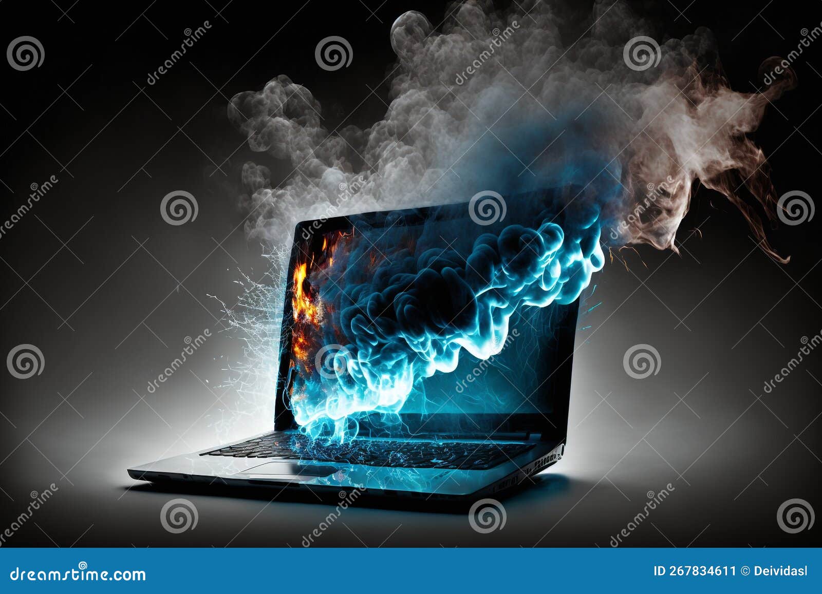Burning Laptop on a Table with Smoke. Generative AI Illustration. Stock ...