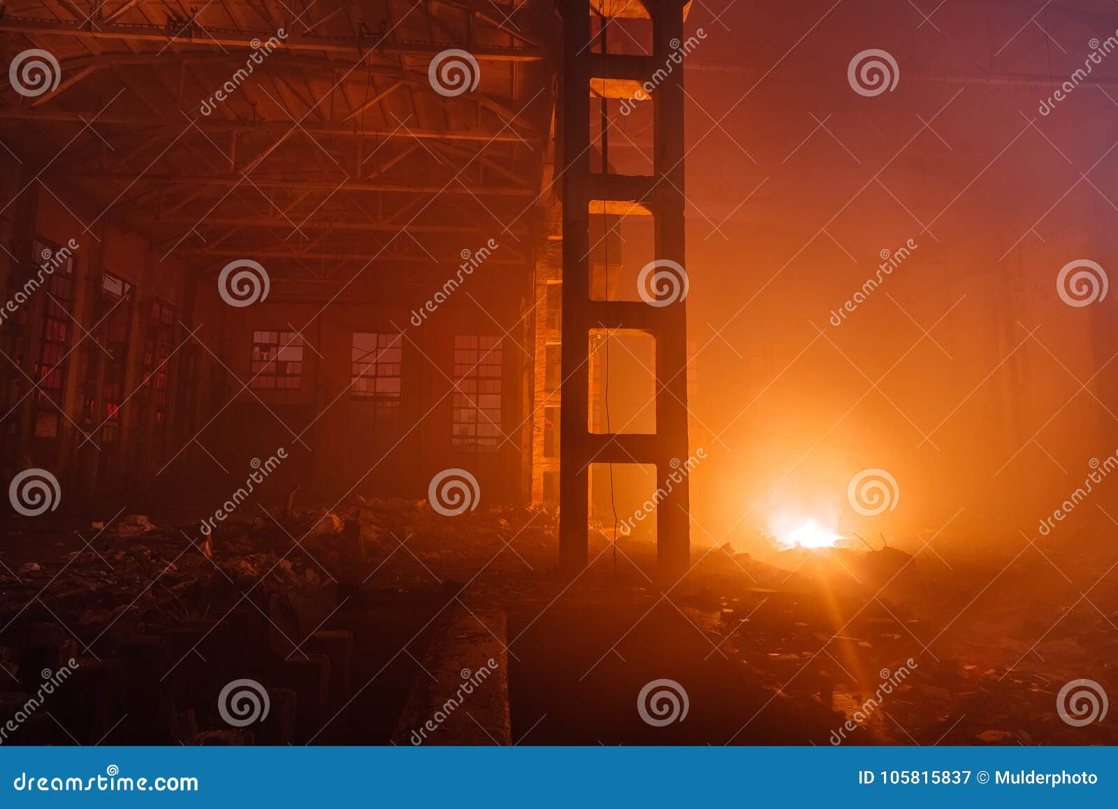 Burning Large Industrial Hall. Fire in the Factory Stock Image - Image ...