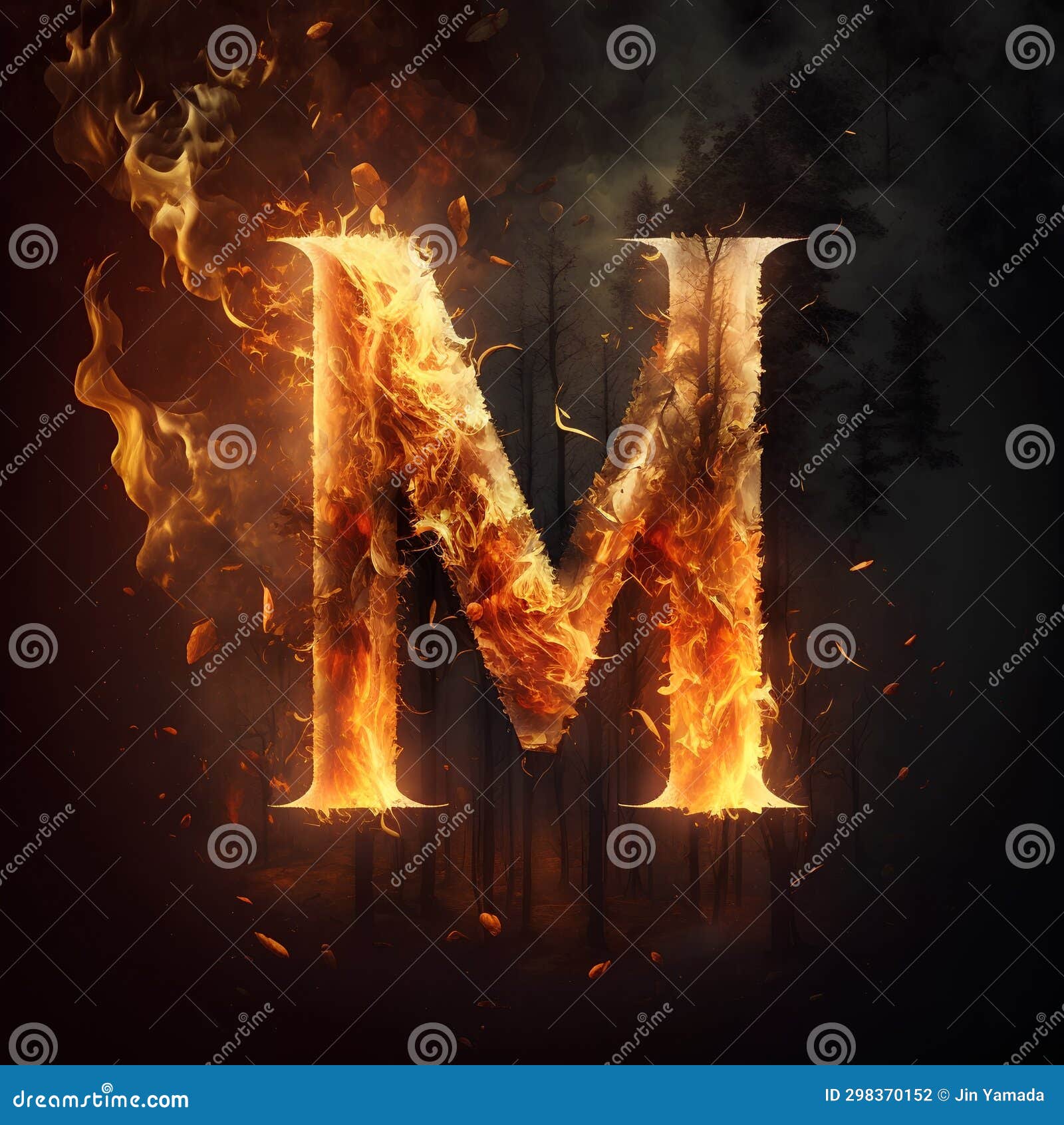 Burning Letter M in the Woods, 3d Render of Burn Font Stock ...