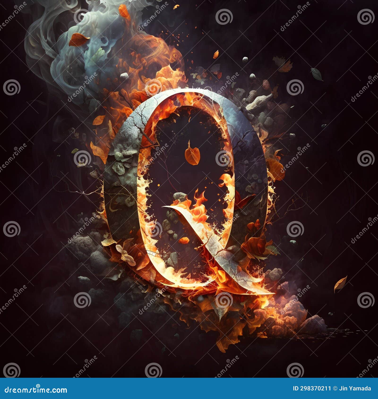 Burning Letter Q with Smoke and Fire Effect Isolated on Black ...