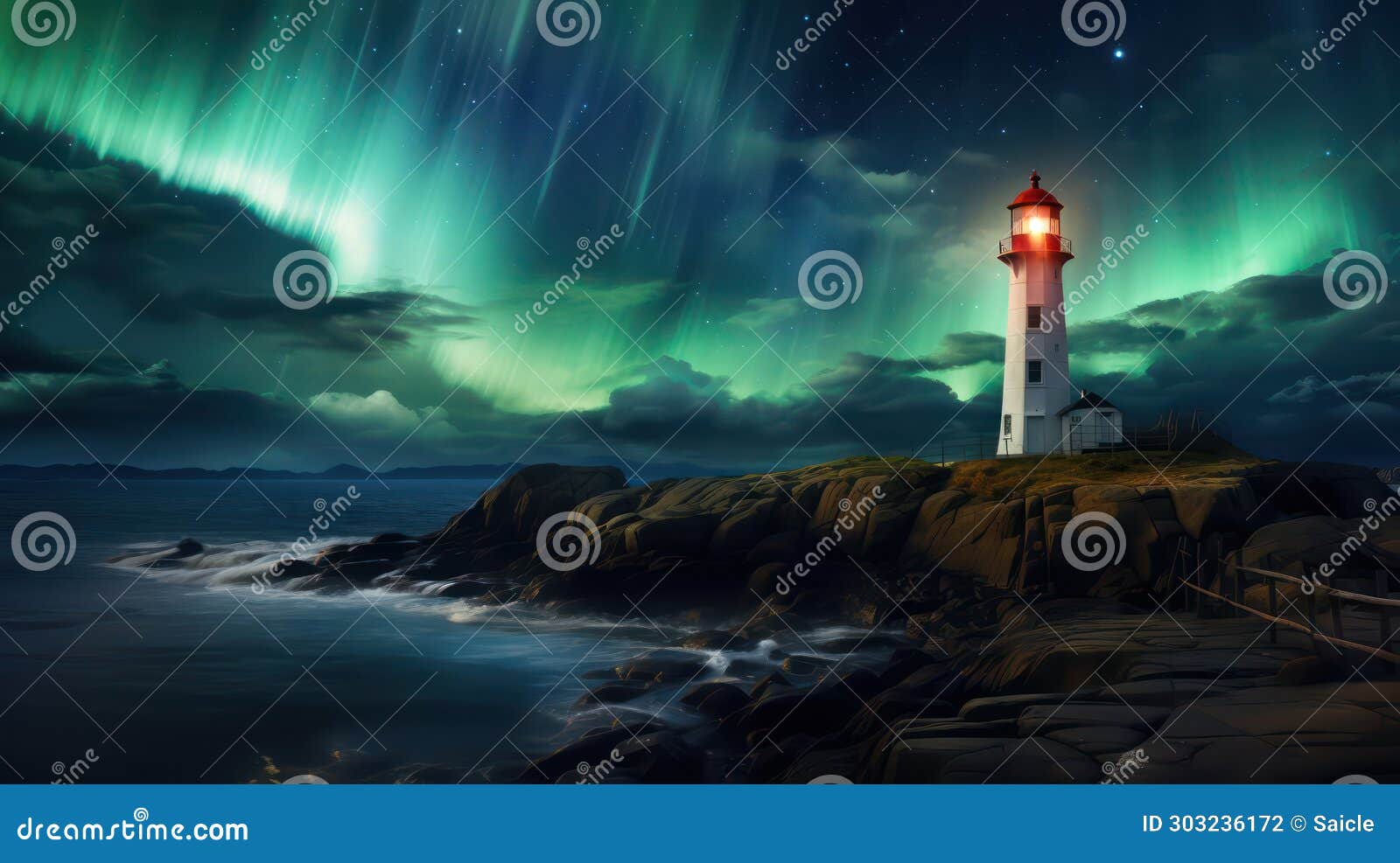Burning Lighthouse and Northern Lights in the Sky. Generative AI Stock ...