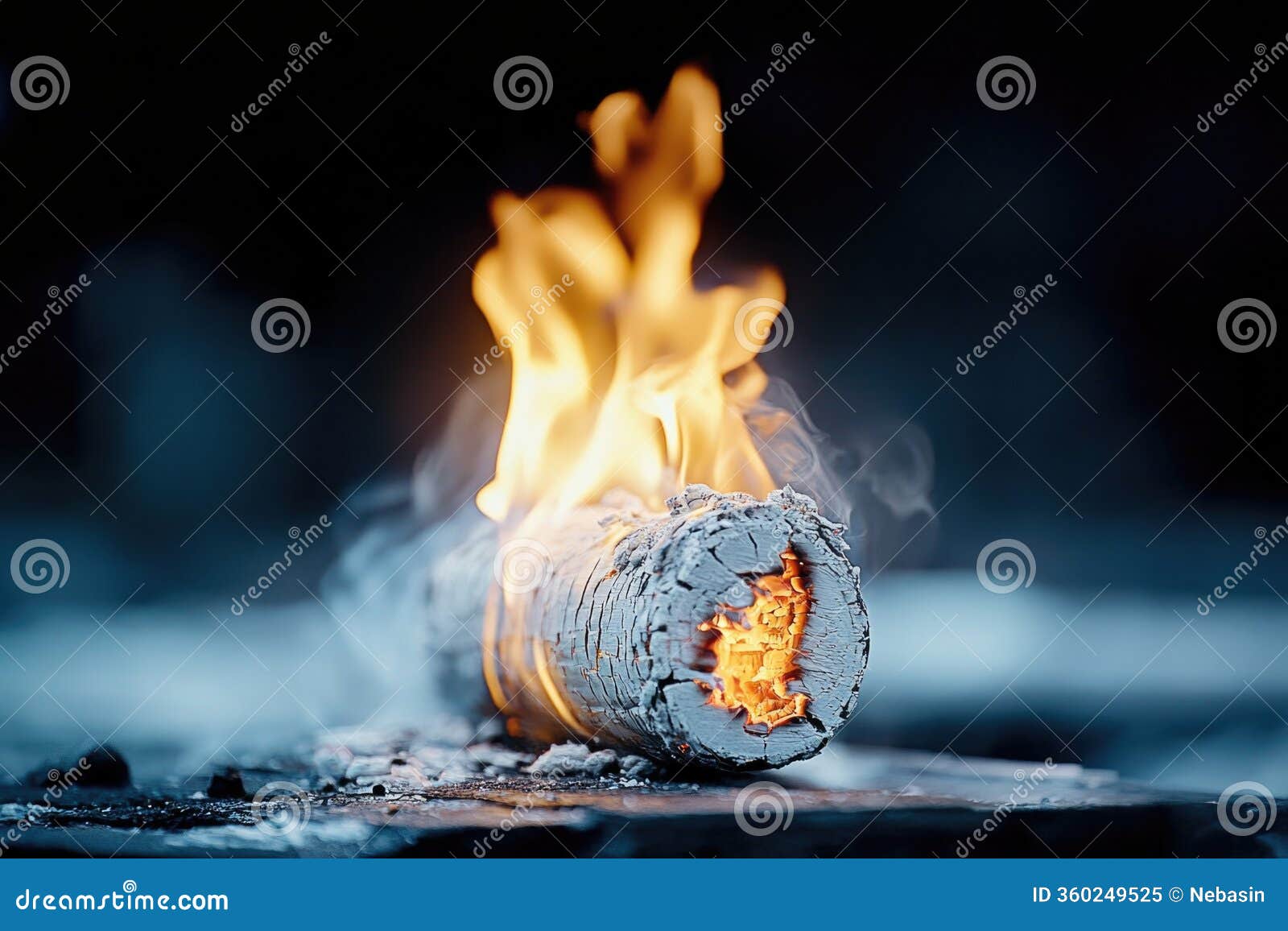 Burning Log with Flames and Smoke in Dark Outdoor Setting Stock Image ...