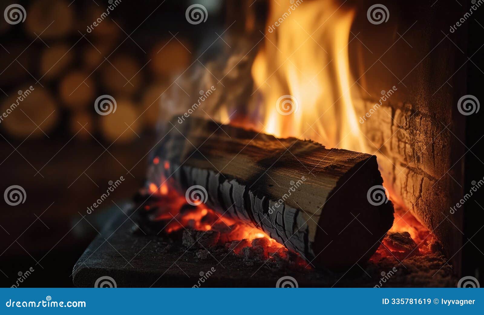 A Burning Log in a Minimalist Fireplace, Bright Flames Stock Image ...