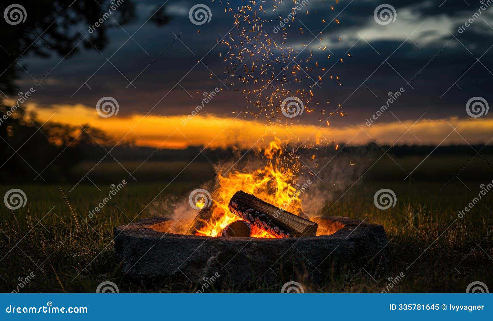A Burning Log in a Rustic Outdoor Firepit, Sparks Flying Upward Stock ...