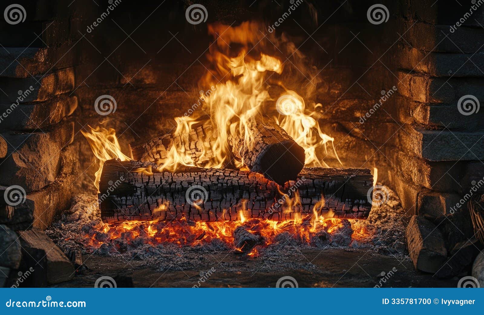 A Burning Log in a Stone Fireplace, Bright Flames Flickering Stock ...