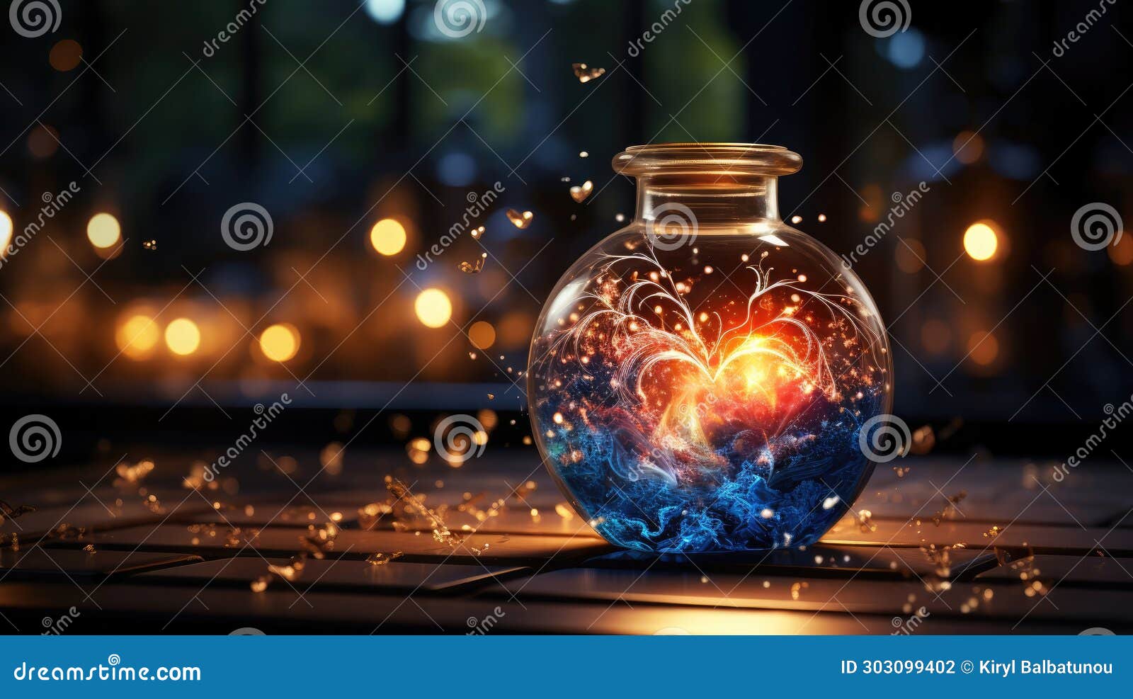 Burning Magic Potion in Crystal Bottle. Halloween Witchcraft and ...