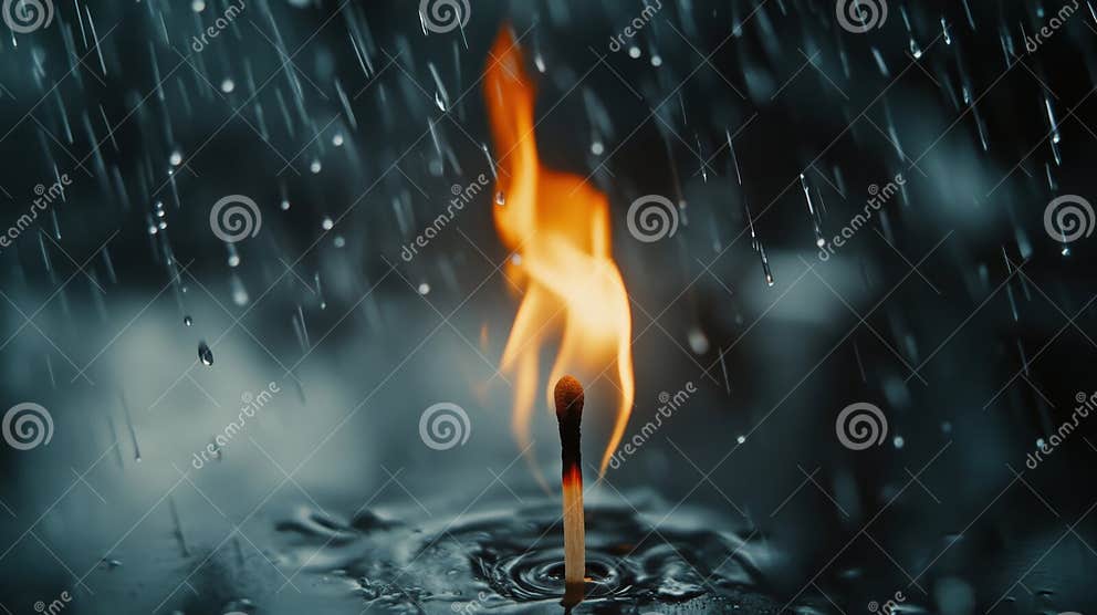 Burning Matchstick in Rain with Droplets and Reflections in Water Stock ...