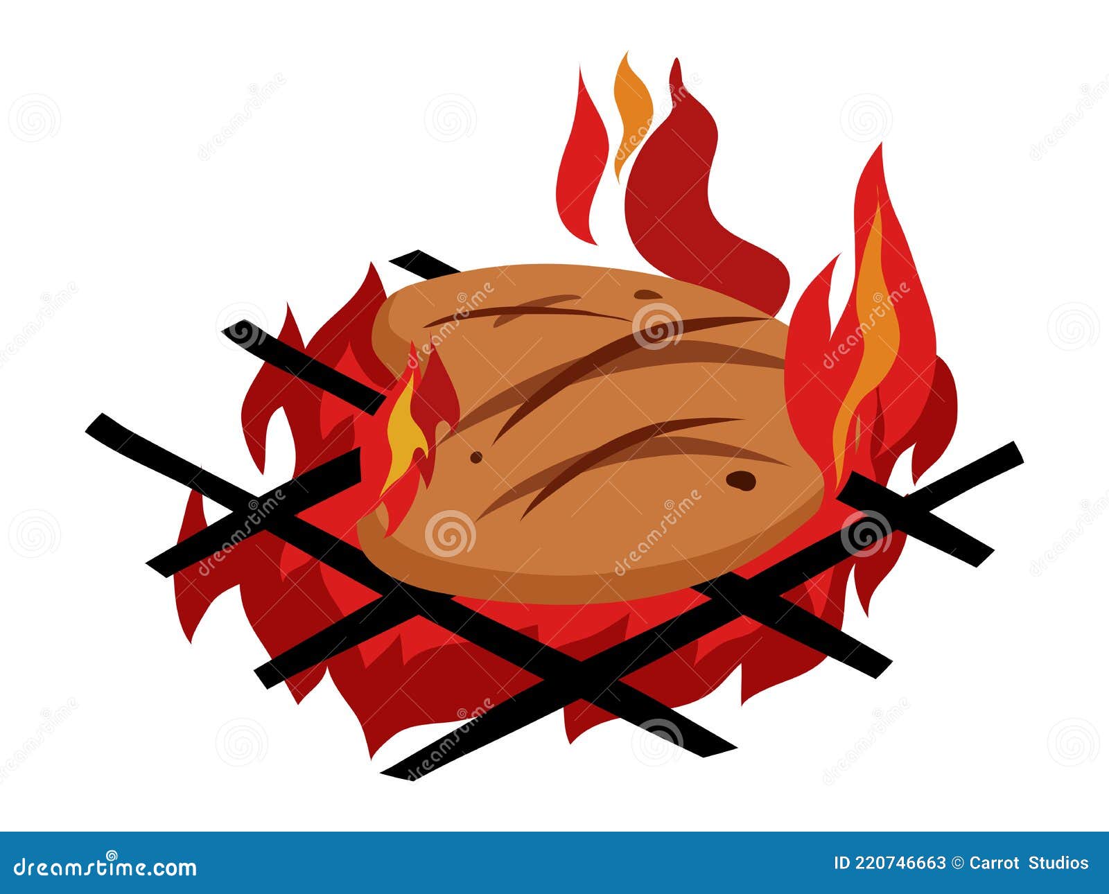 Burning meat on BBq owen stock vector. Illustration of grilling - 220746663