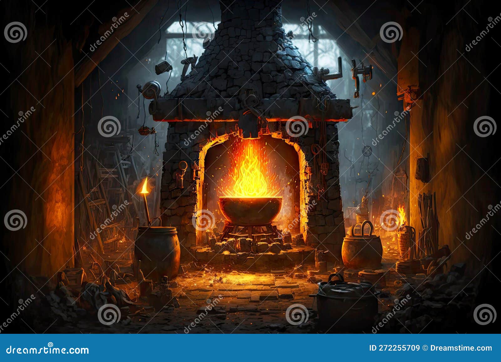 Burning Metal Kiln and Anvil with Hammer Standing in Middle of Forge ...