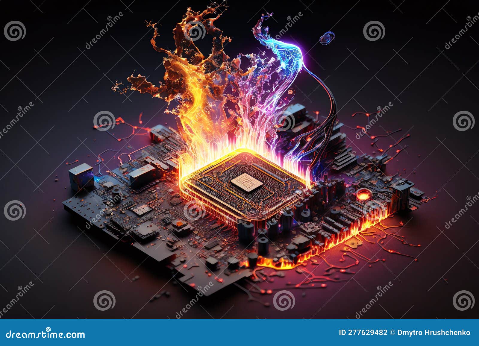 Burning Microchip in Macro. Electronic Circuit Board Close Up ...