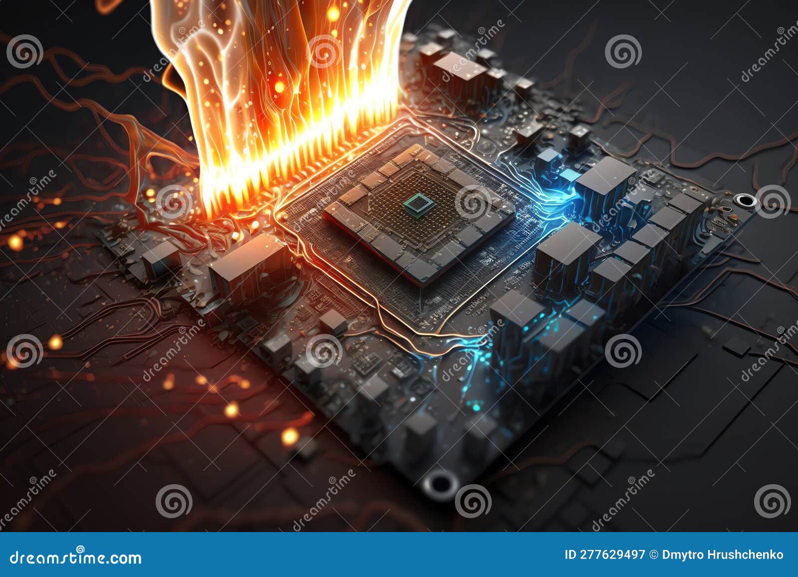 Burning Microchip in Macro. Electronic Circuit Board Close Up ...