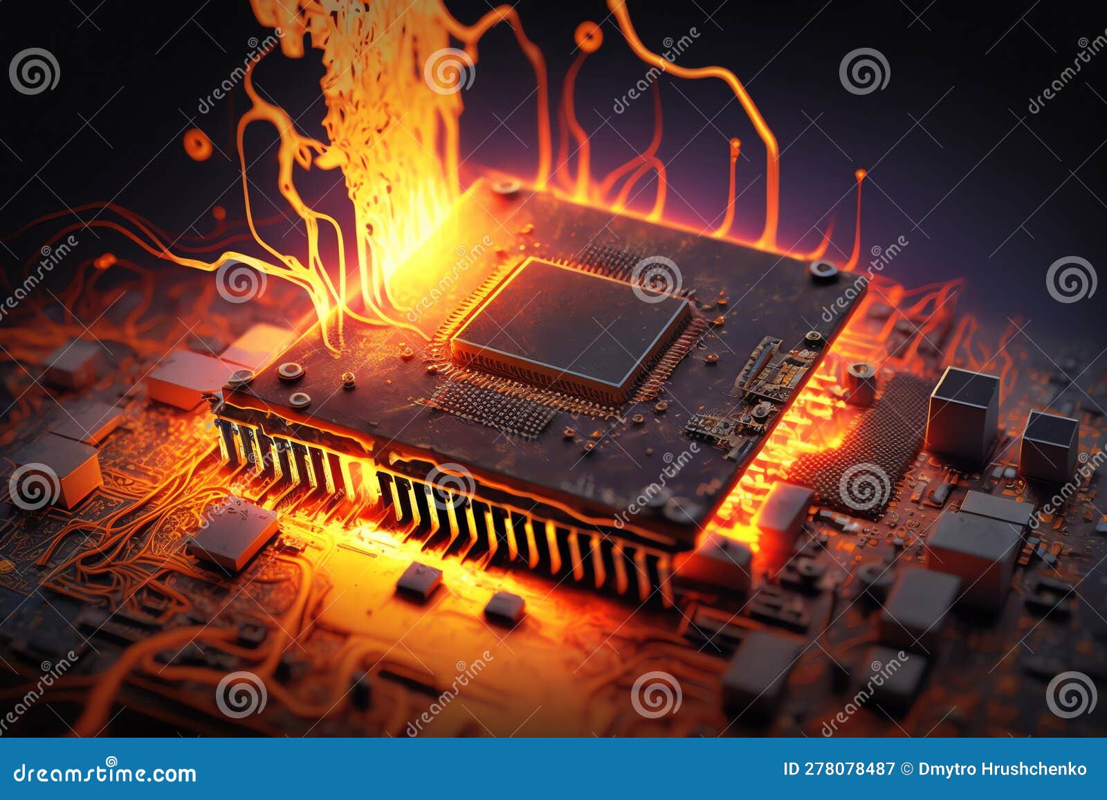Burning Microchip in Macro. Electronic Circuit Board Close Up ...