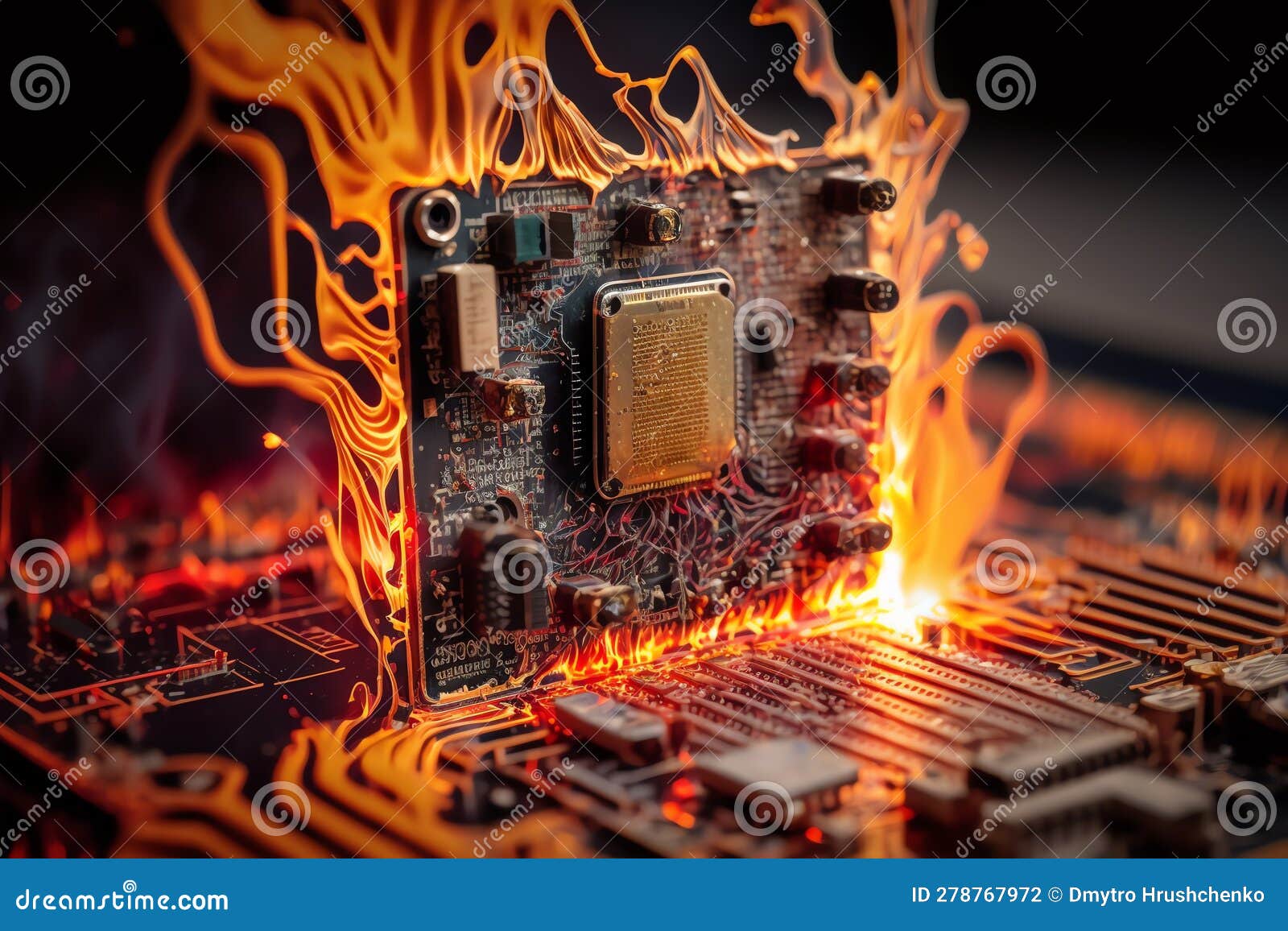 Burning Microchip in Macro. Electronic Circuit Board Close Up ...