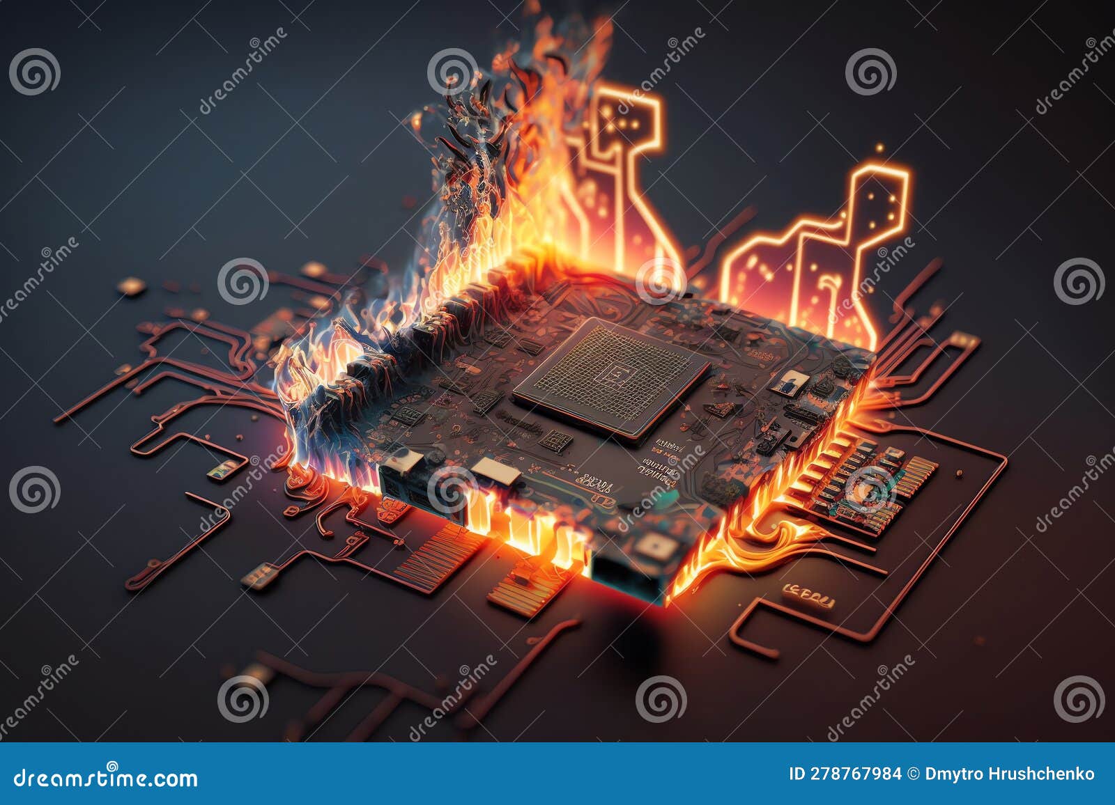 Burning Microchip in Macro. Electronic Circuit Board Close Up ...
