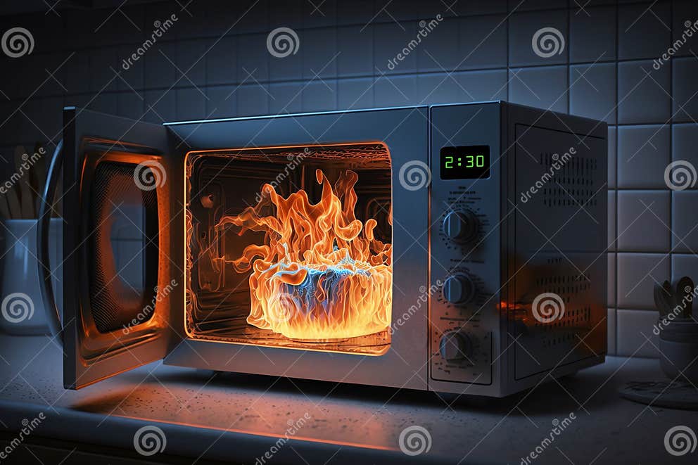 Burning Microwave Oven. Fire in a Kitchen. Generative AI Stock ...