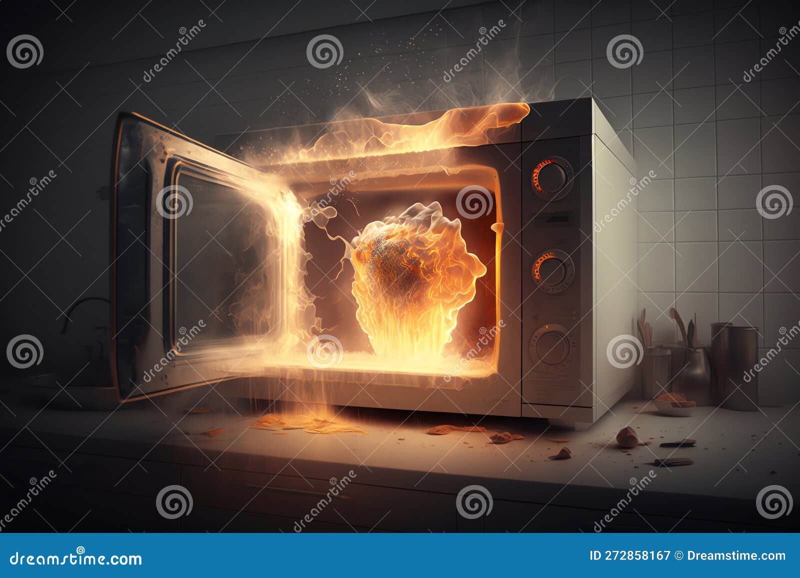 Burning Microwave Oven. Fire in a Kitchen. Generative AI Stock ...