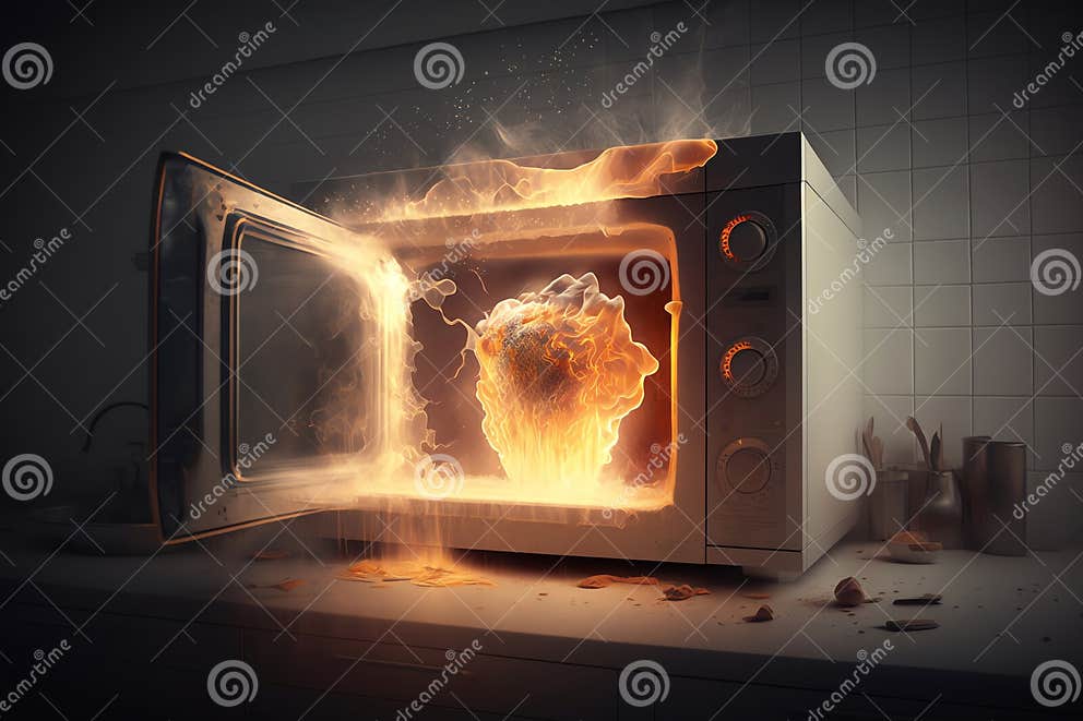 Burning Microwave Oven. Fire in a Kitchen. Generative AI Stock ...