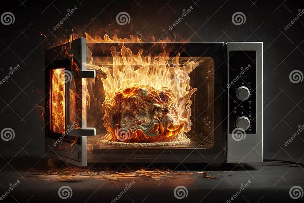 Burning Microwave Oven. Fire in a Kitchen. Generative AI Stock ...