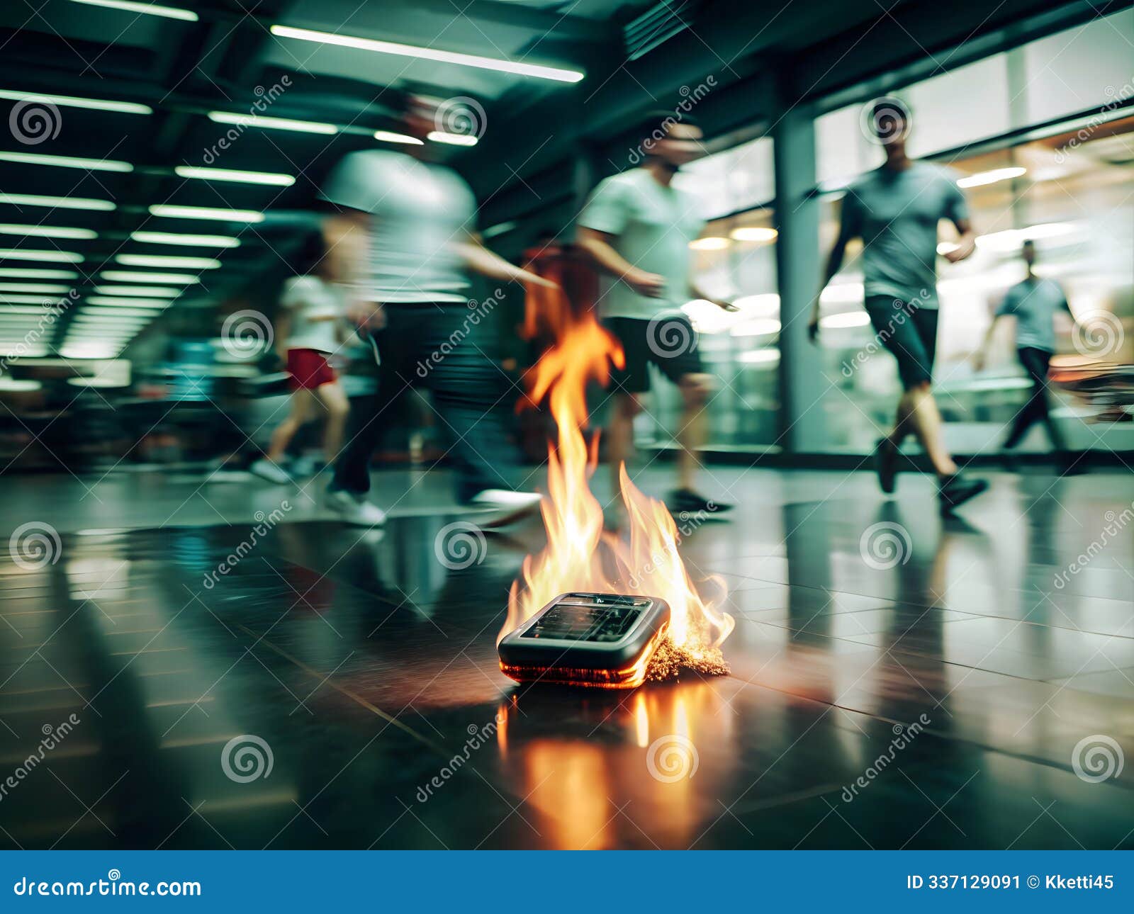 Burning Mobile Phone on Floor in Subway Station, Blurred People Running ...
