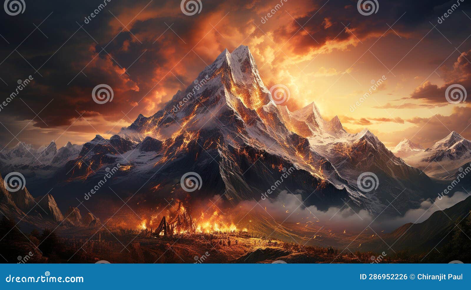 Burning Mountain Erupts, Nature Flame Paints Sunset Beauty Generated By ...