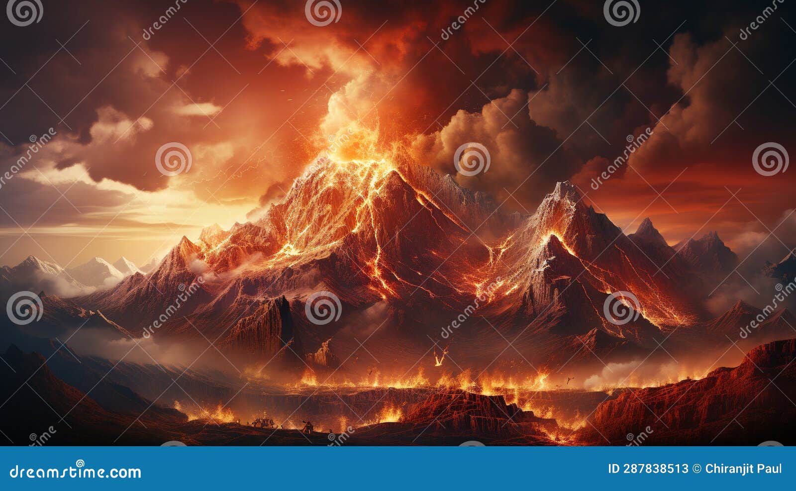 Burning Mountain Peak Erupting with Flame and Smoke at Dusk Stock Image ...