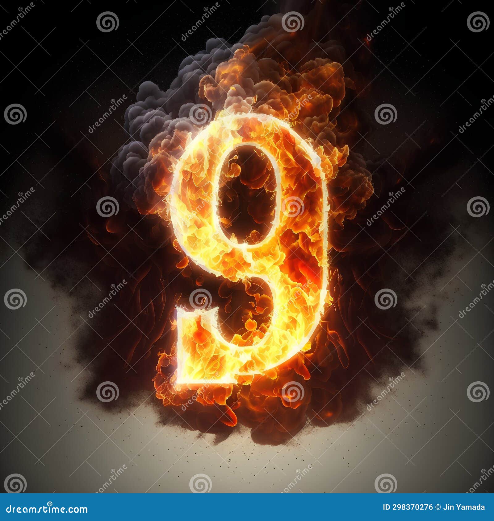 Burning Number Nine on a Dark Background with Smoke and Fire Effect ...