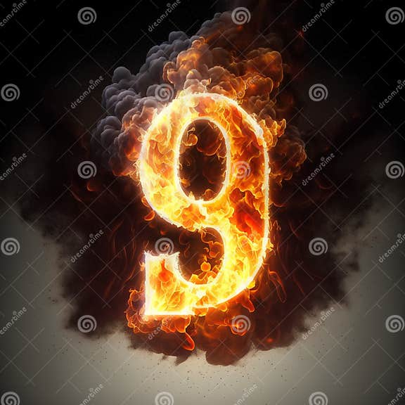 Burning Number Nine on a Dark Background with Smoke and Fire Effect ...