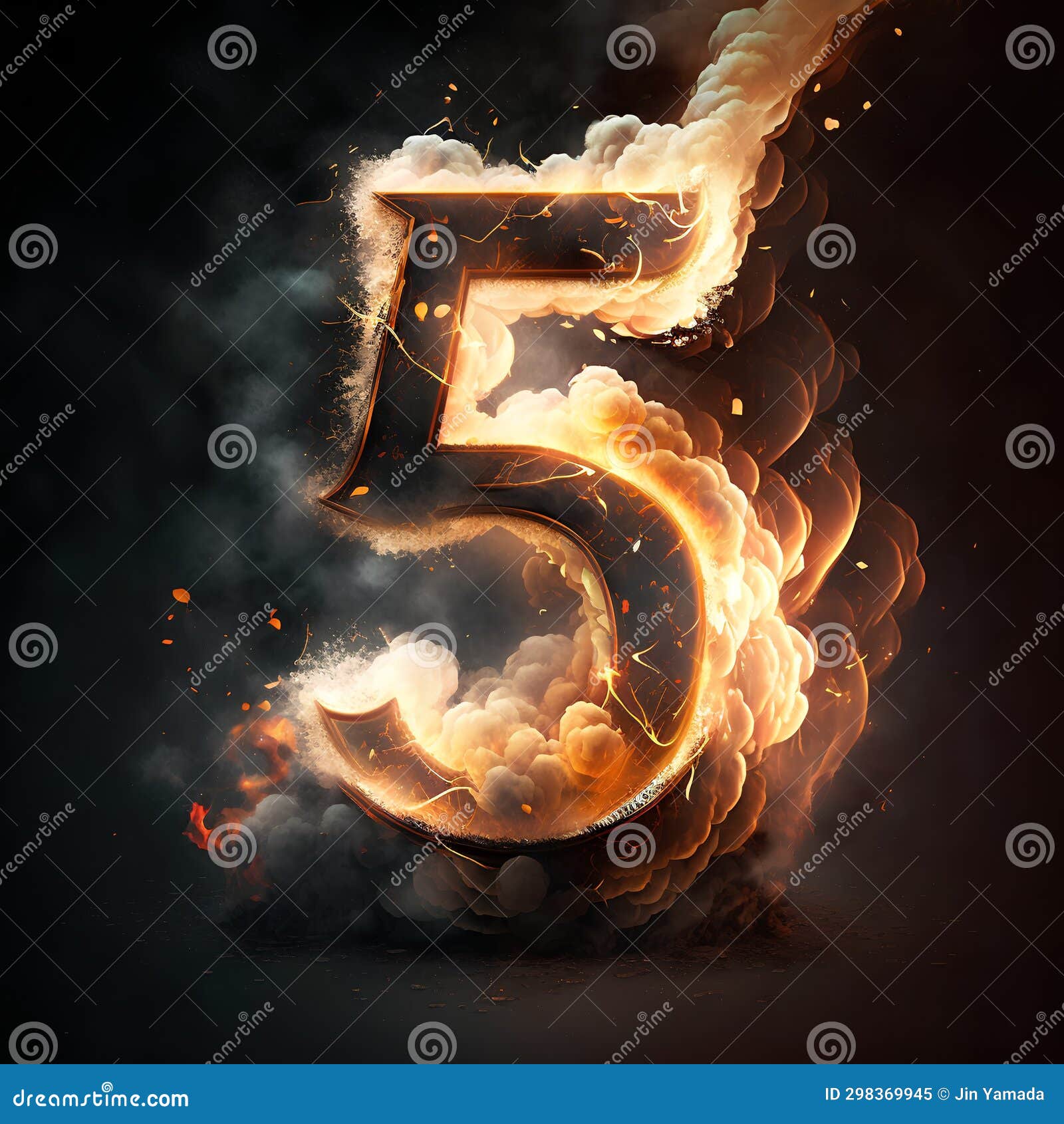Burning Number 5 with Smoke and Fire Isolated on Black Background ...