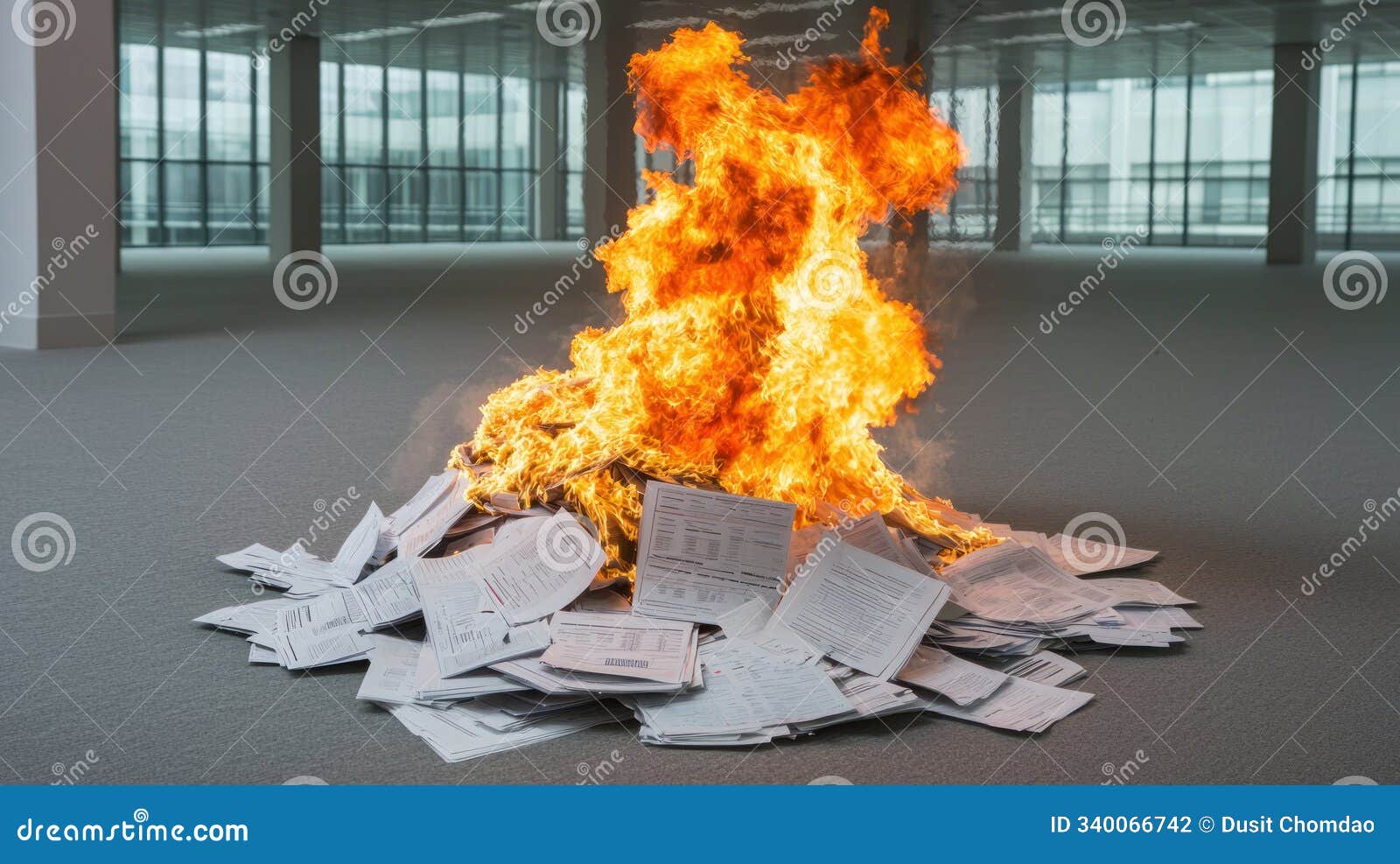 Burning Papers Create Dramatic Scene in Empty Office Space Stock Photo ...
