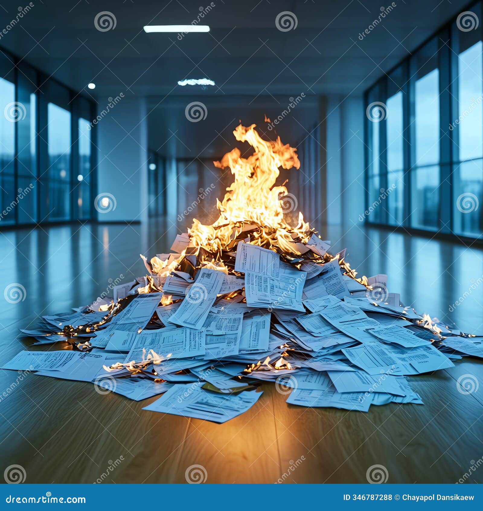 Burning Pile of Documents Office Space Fire Flames in a Modern Interior ...