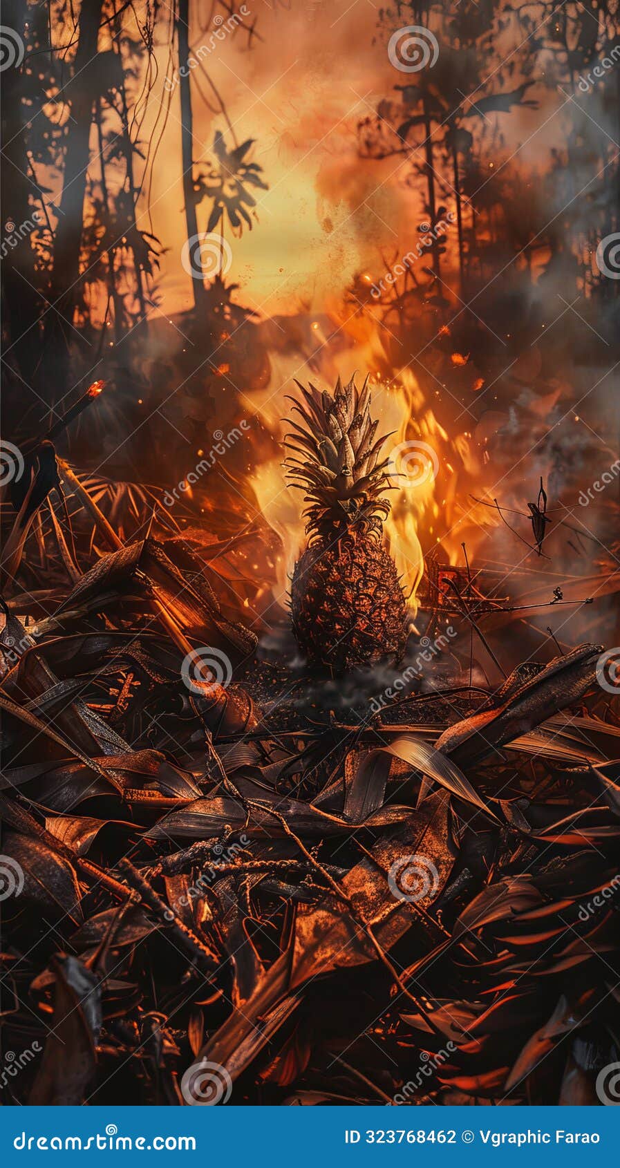 Burning Pineapple in a Forest Fire at Sunset Stock Photo - Image of ...