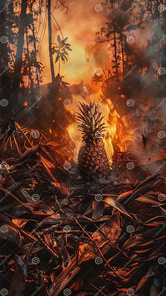 Burning Pineapple in a Forest Fire at Sunset Stock Photo - Image of ...
