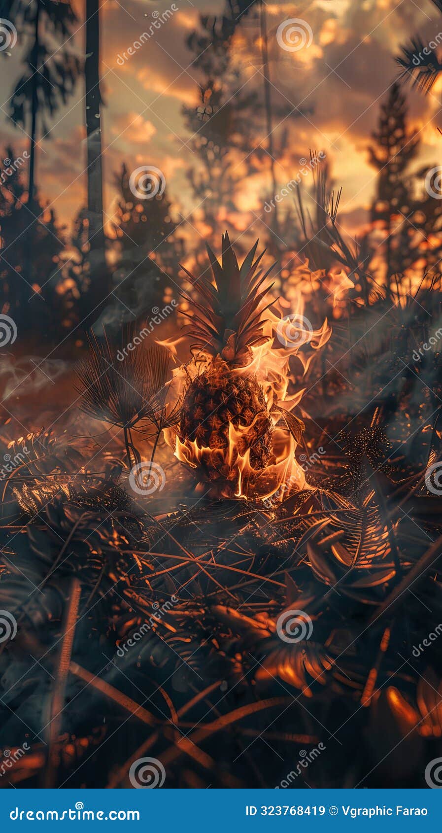 Burning Pineapple in a Forest with Sunset Background, Dramatic and ...