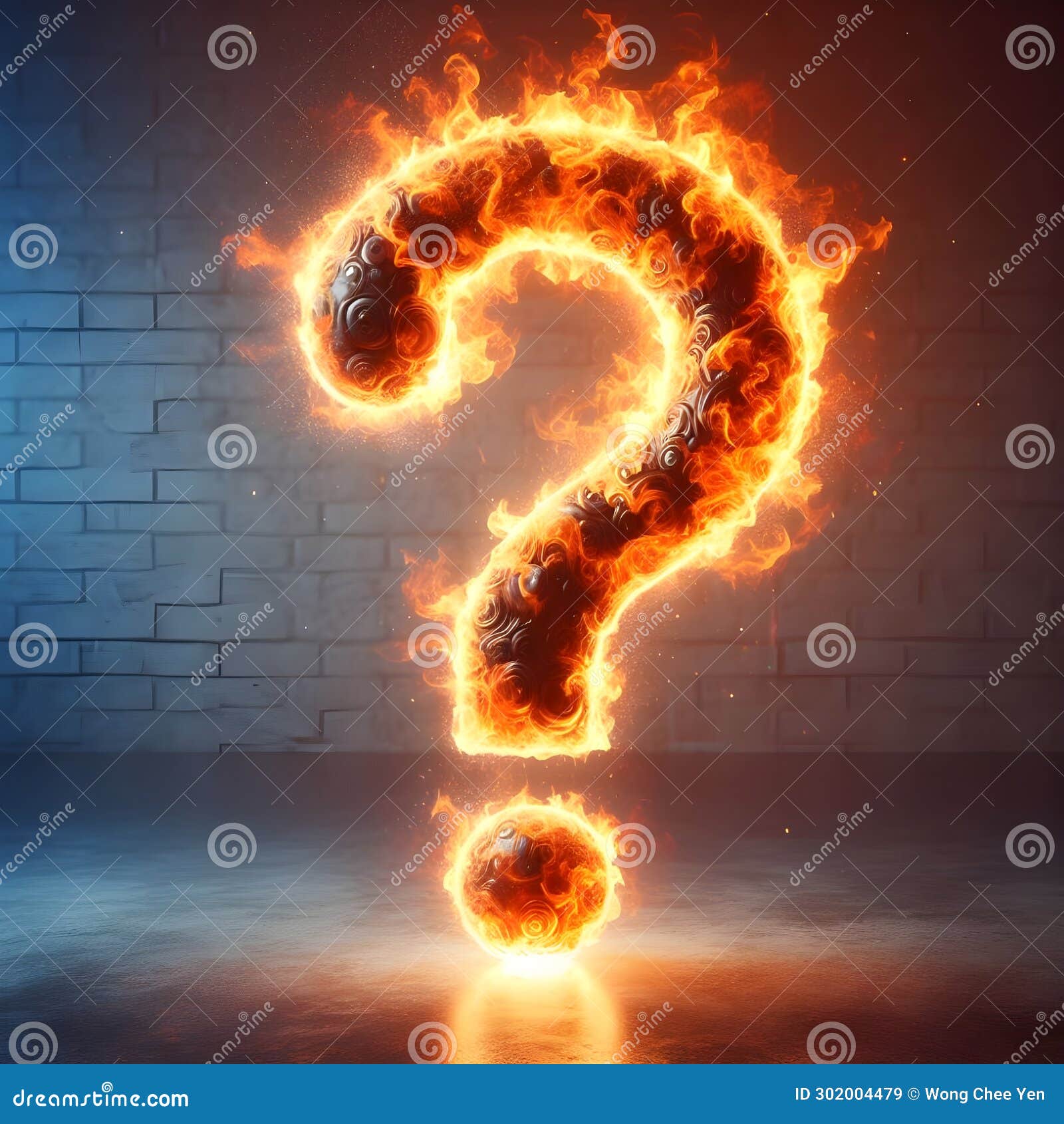 Burning Question Mark Fire Flames On Room Brick Background Royalty-Free ...