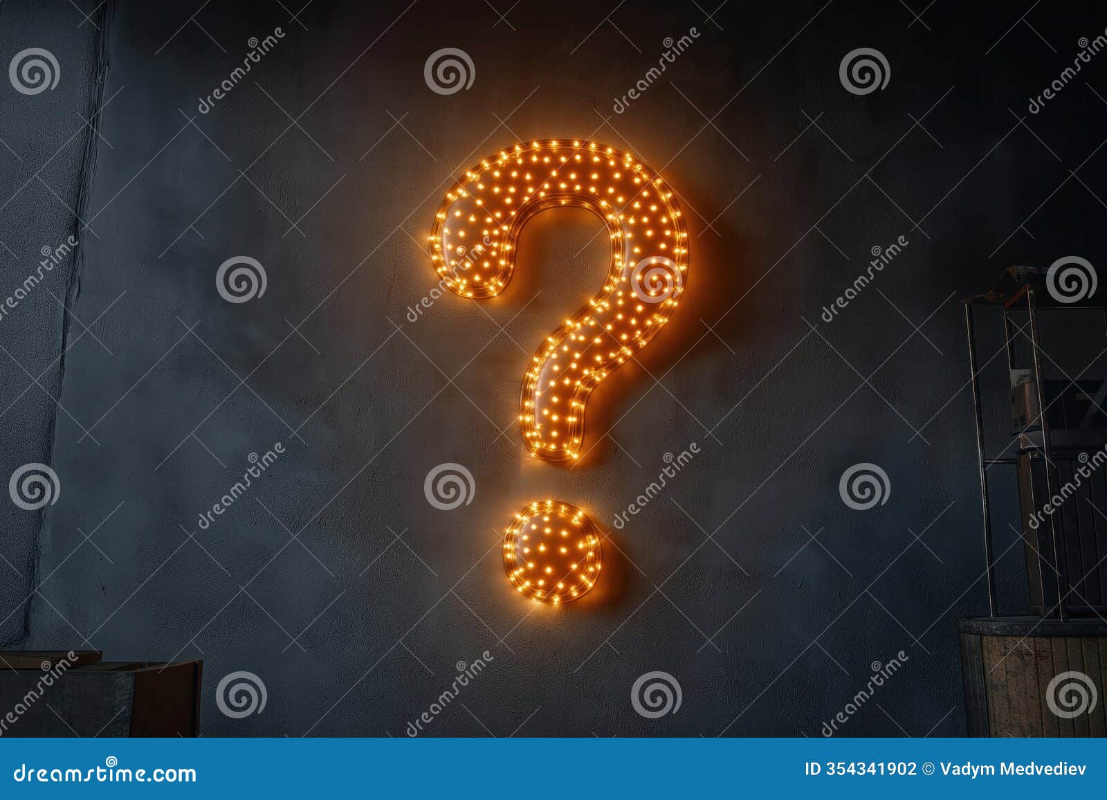 Burning Question Mark Glows in Dark Room. Empty Hall. Grey Background ...