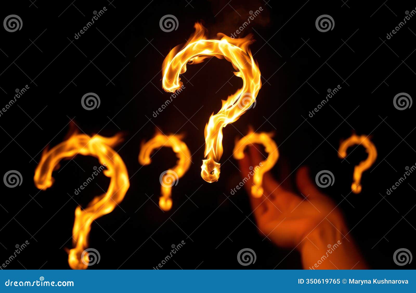 Burning Question Marks Float in Dark Interior Space. Intense Flames ...