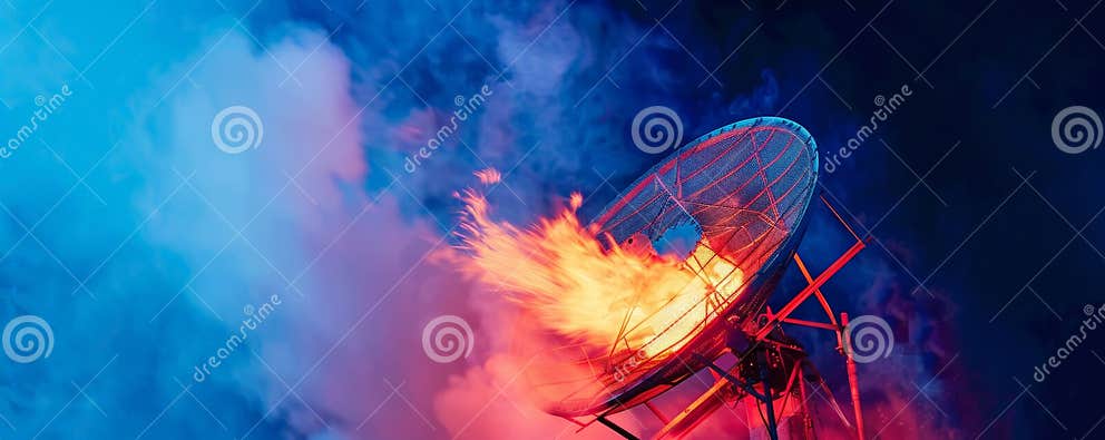 A Burning Radar System with Bright Flames and Dense Smoke, Isolated on ...