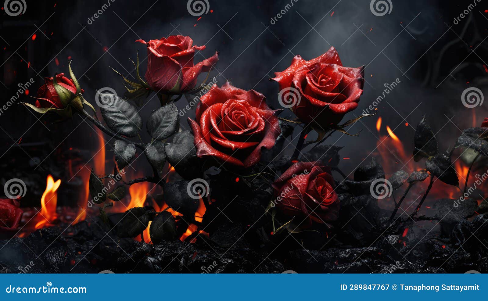Burning Red Roses in the Dark, Conceptual Image Stock Illustration ...