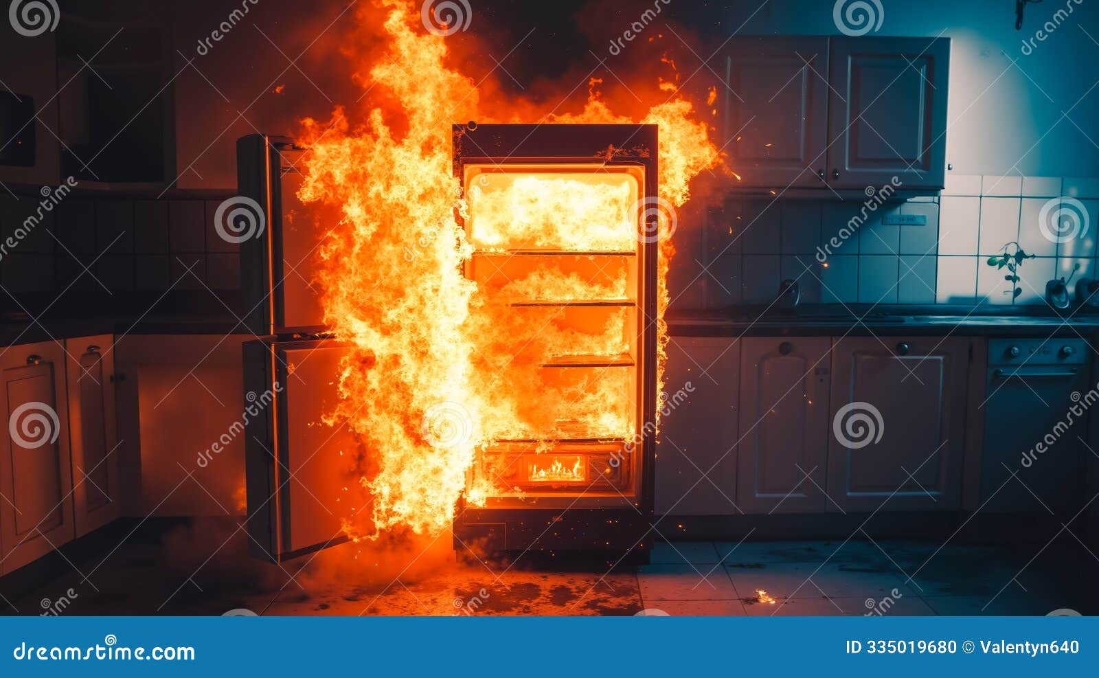 A Burning Refrigerator in a Kitchen with a Fire Coming Out of it Stock ...