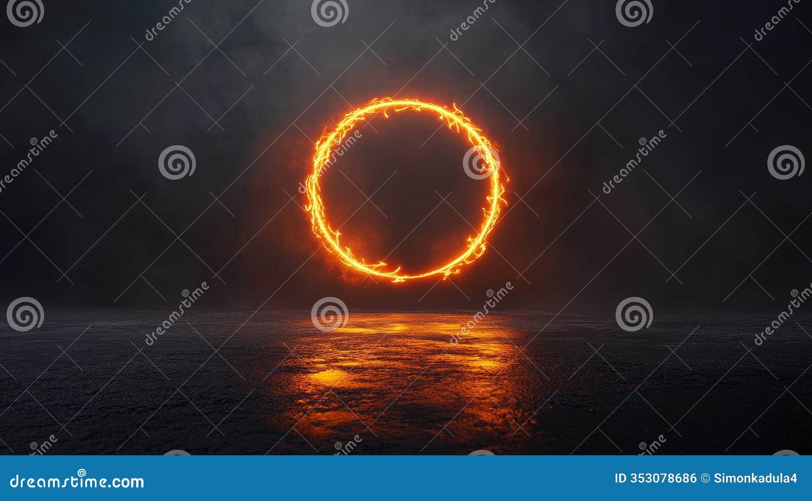 Burning Ring of Fire Floating Above Wet Asphalt at Night with Dark ...