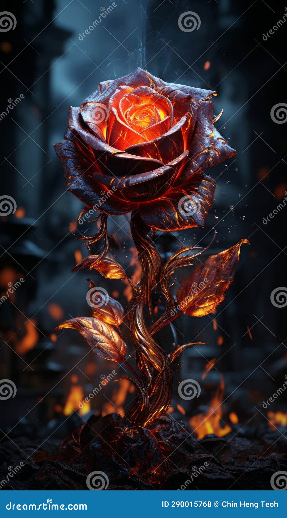 Burning Rose in the Dark. Fire and Smoke on the Background Stock ...