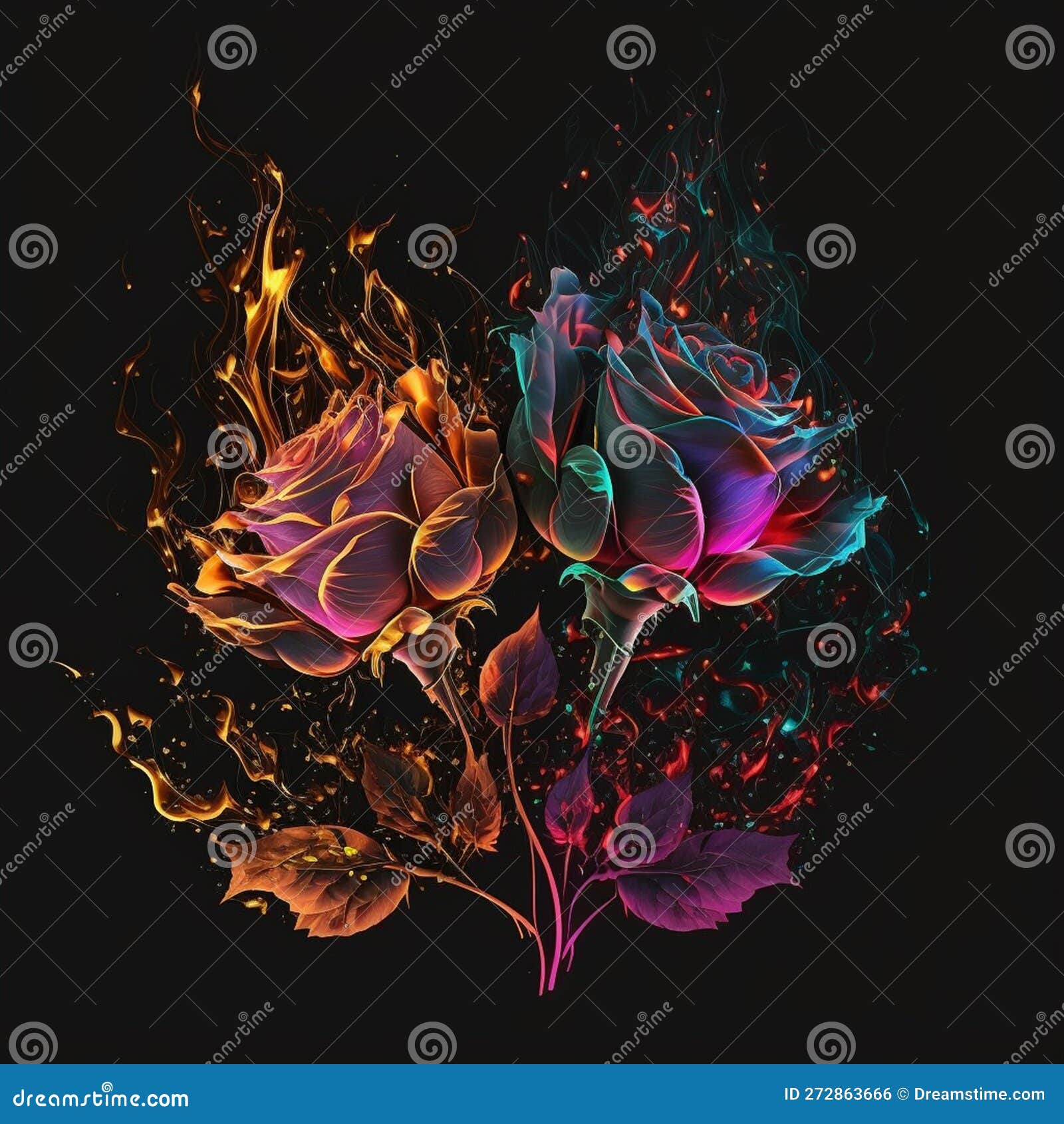 Burning Roses of Multicolored Fire and Sparks. Generative AI Stock ...