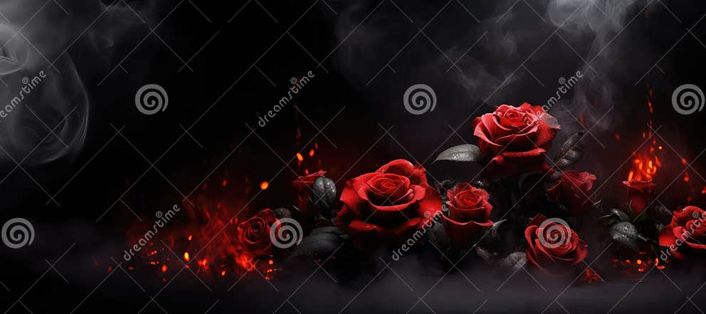 Burning Roses with Smoke on Dark Background Stock Illustration ...
