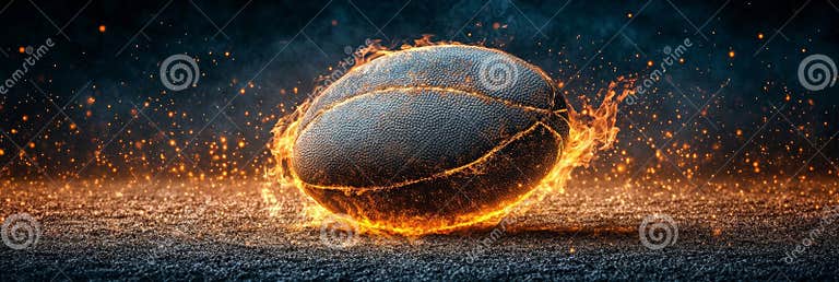 Burning Rugby Ball on Fire Exploding with Energy on Dark Background ...