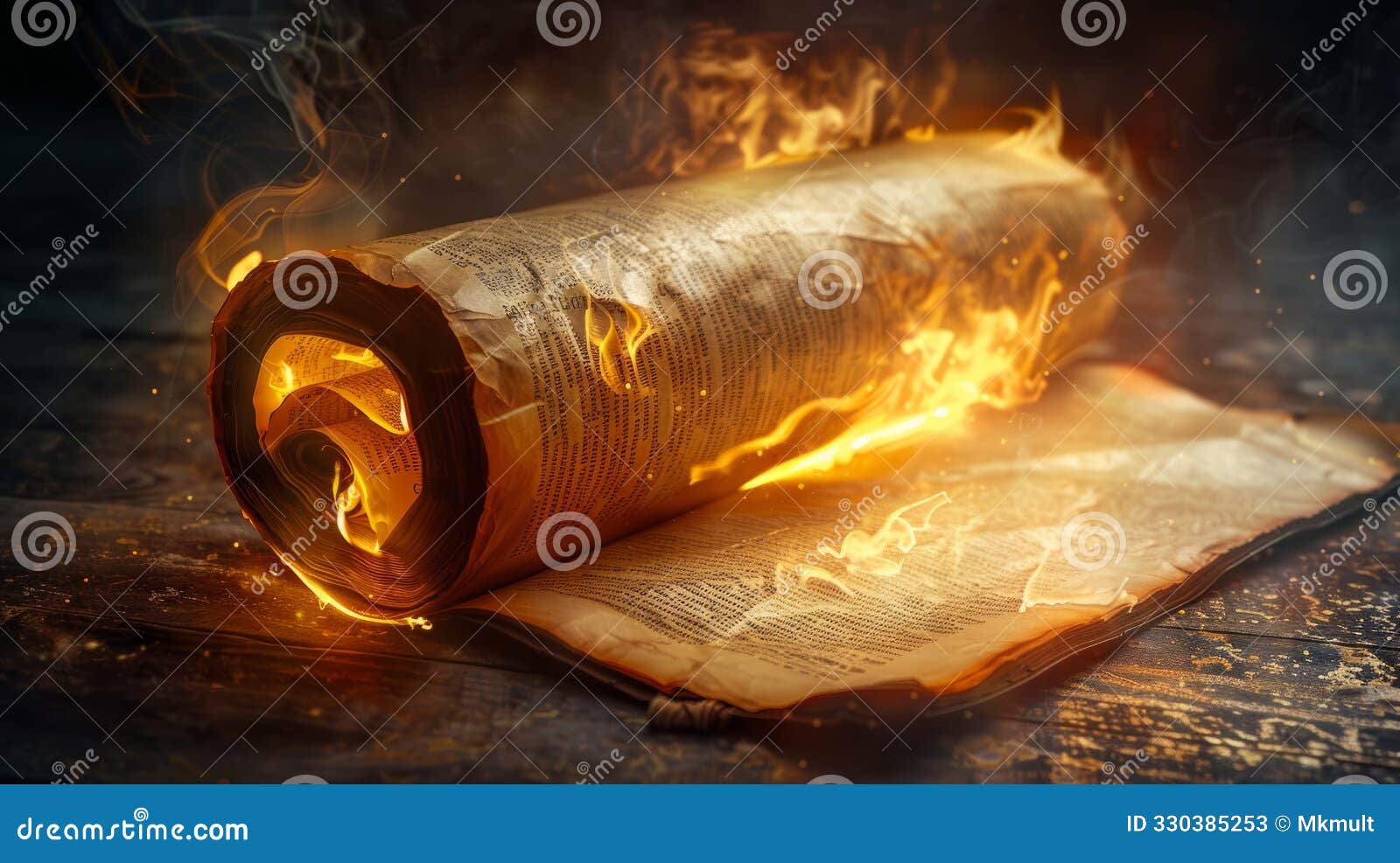 Burning Scroll on a Wooden Surface with Flames Engulfing the Text ...