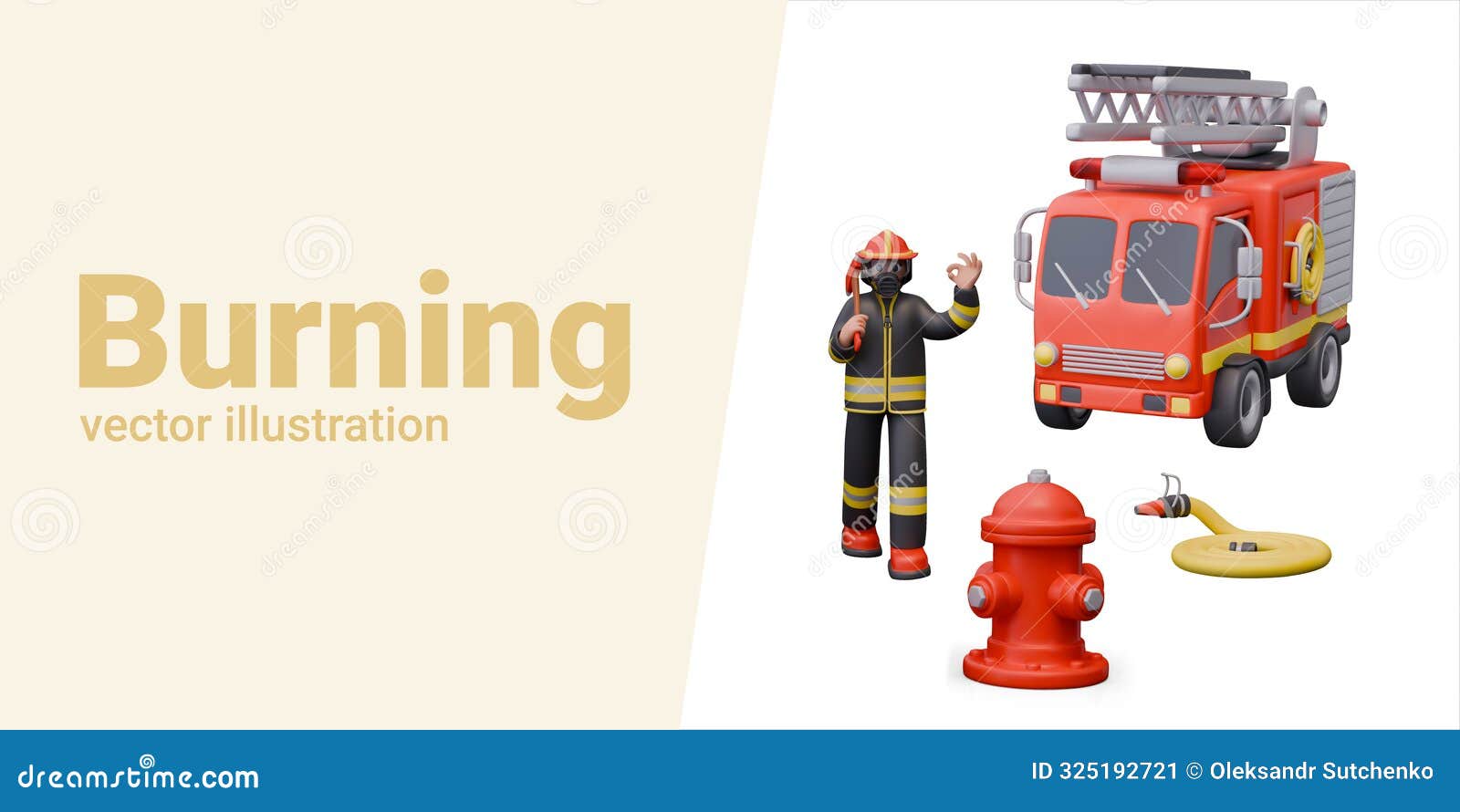 Burning. Set of Vector Elements for Firefighting Concepts. Fire Truck, Fireman, Firefighter ...