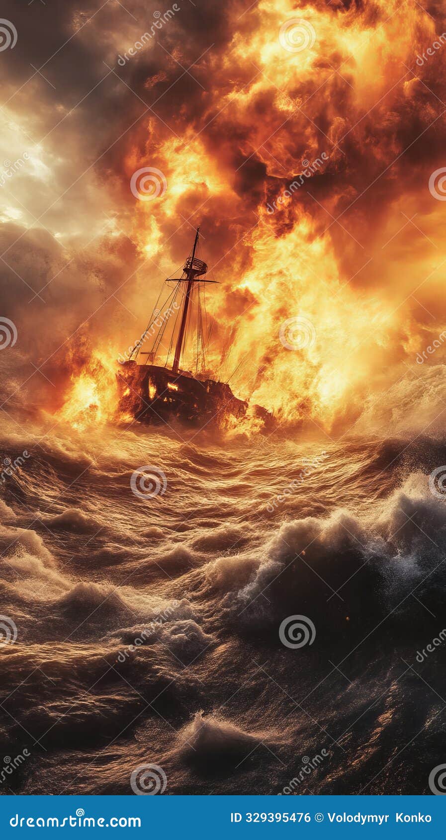 Burning Ship in a Stormy Ocean during Sunset, Dramatic Maritime ...