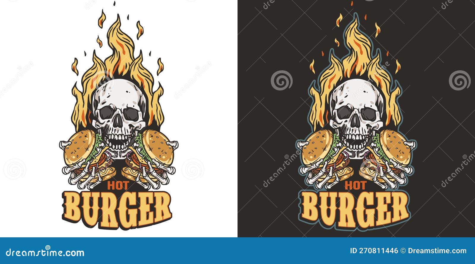 Burning Skeleton with Burger in Hands. Skull in Fire and Hamburger ...