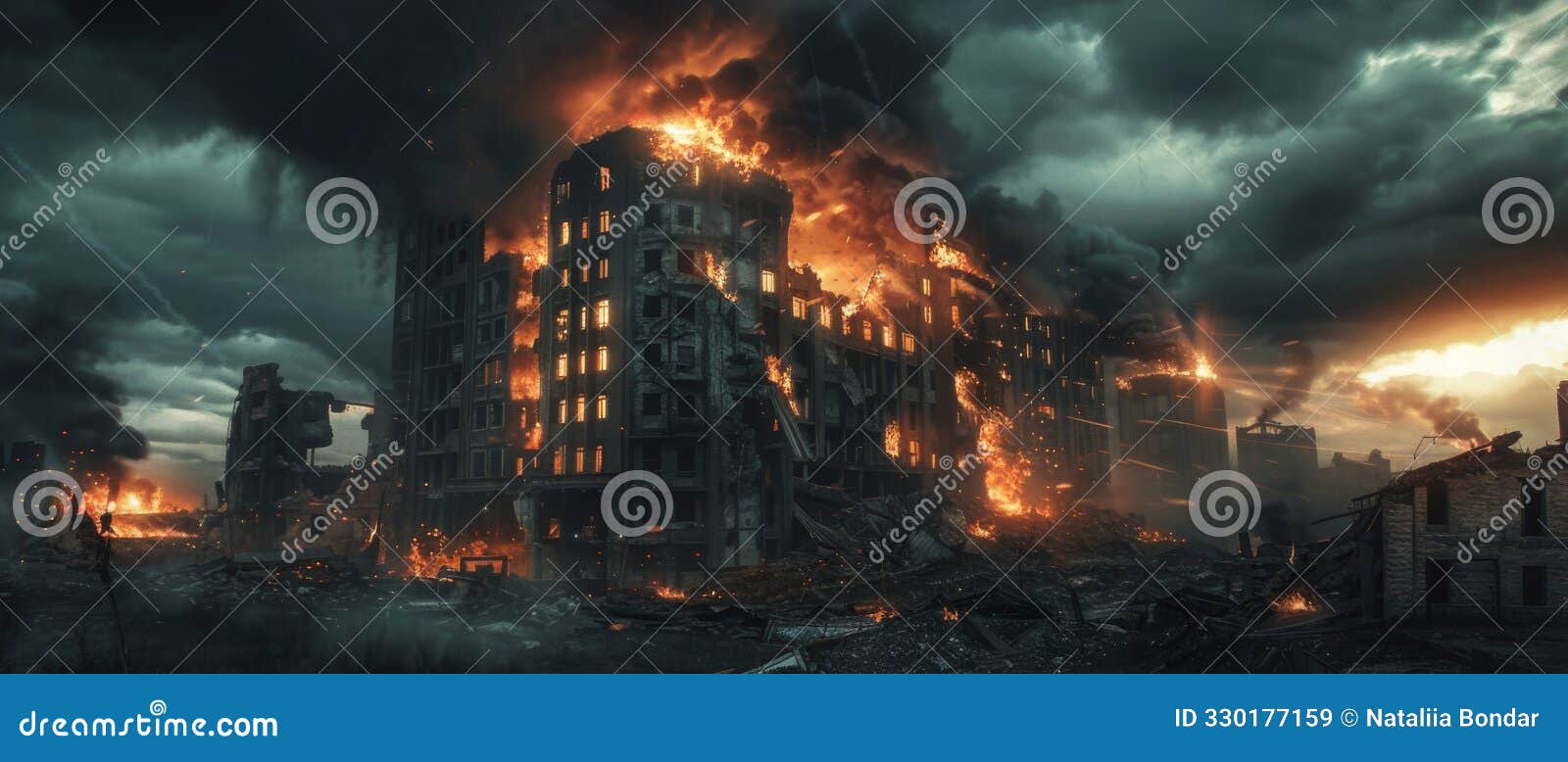 Burning Skyscraper in Apocalyptic Cityscape. Fire in Devastated City ...